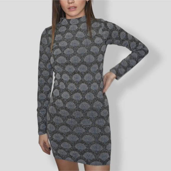 Zara | Dresses | Zara Jacquard Navy Blue Seashell Metallic High Neck ...